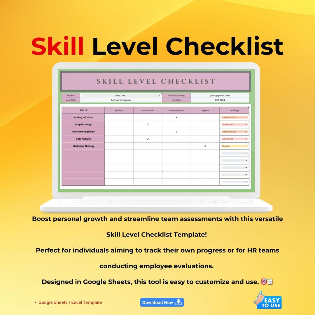 Skill Level Checklist Template, Google Sheets Editable Tracker ...