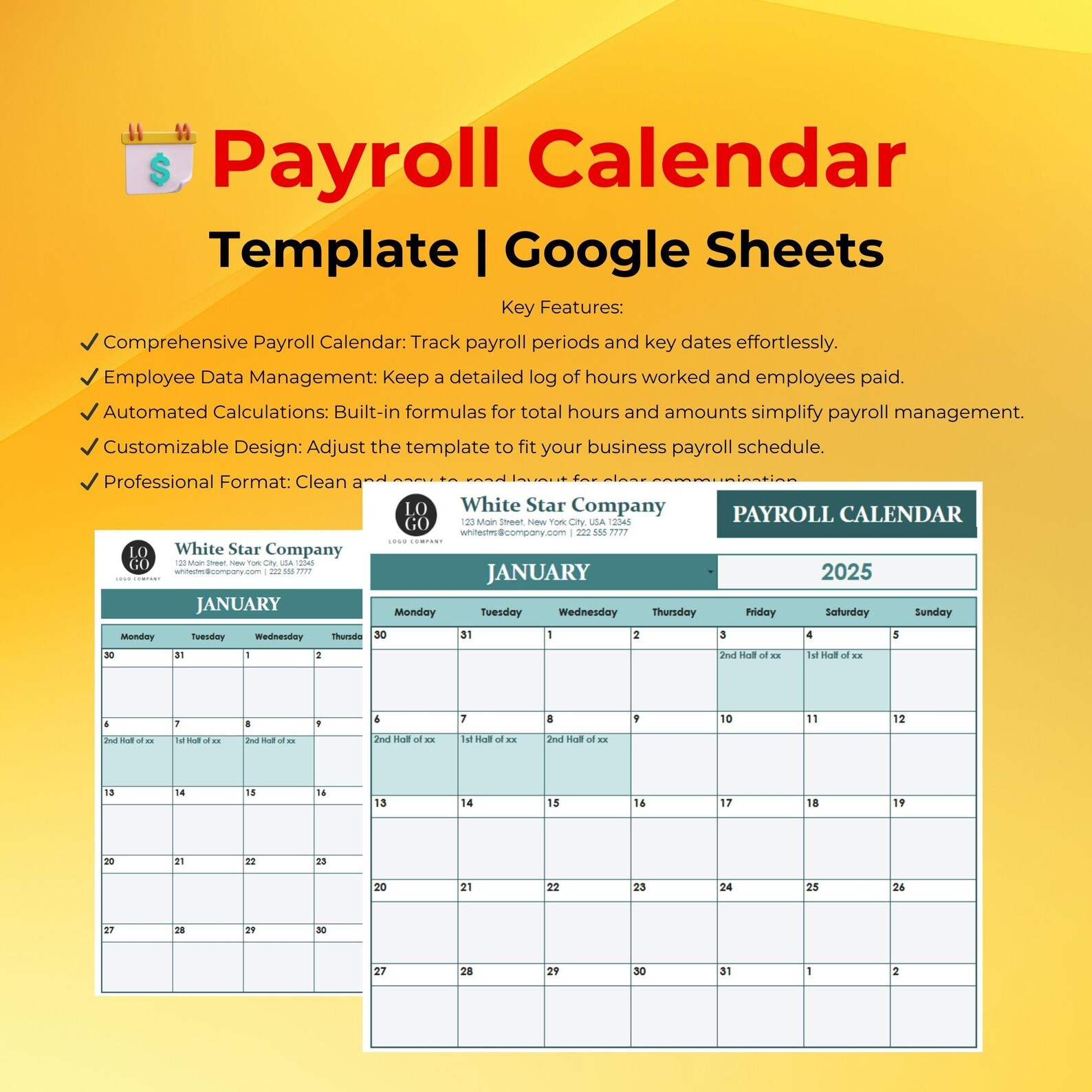 Payroll Calendar Template, Google Sheets Editable Template, Pay ...