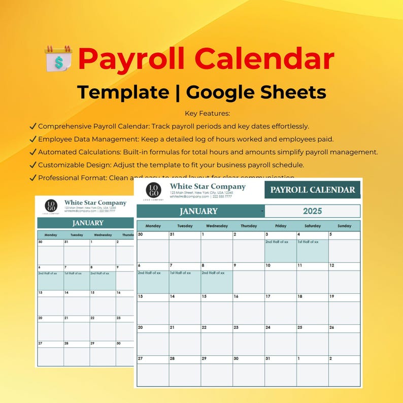 Payroll Calendar Template, Google Sheets Editable Template, Pay ...
