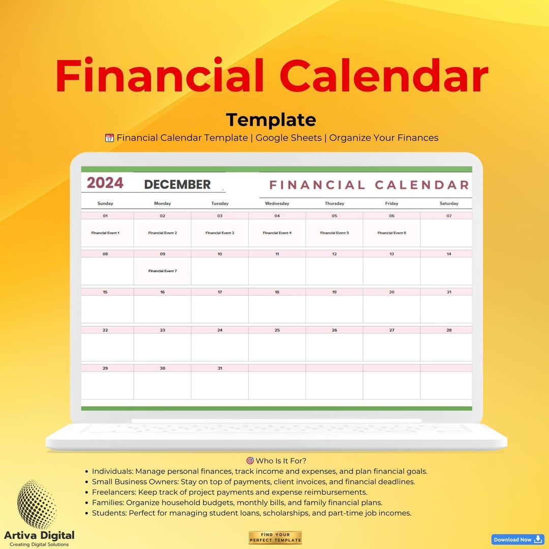 Financial Calendar Template, Google Sheets, Customizable, Financial ...