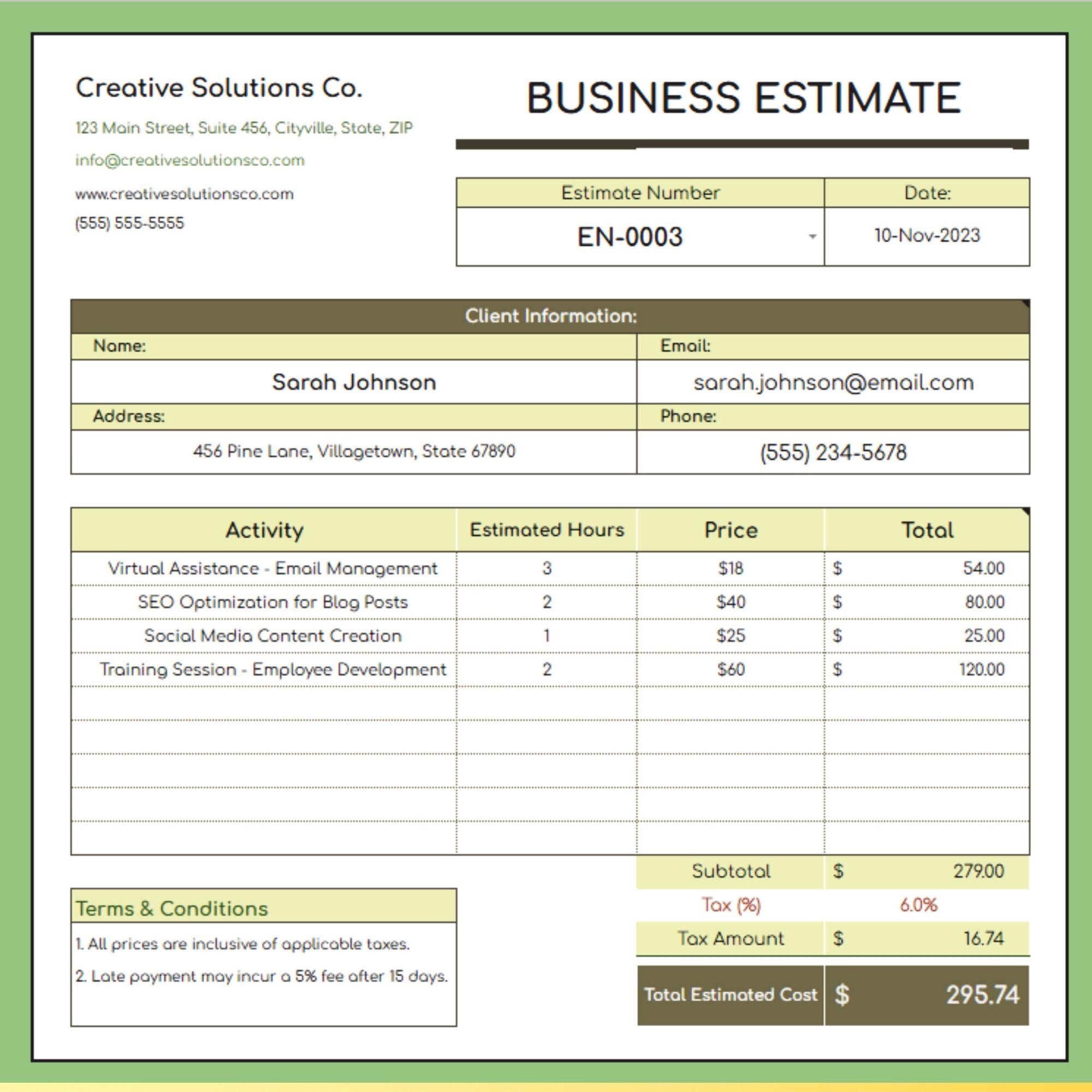 Business Estimate Template, Google Sheets Format for Service Pricing ...