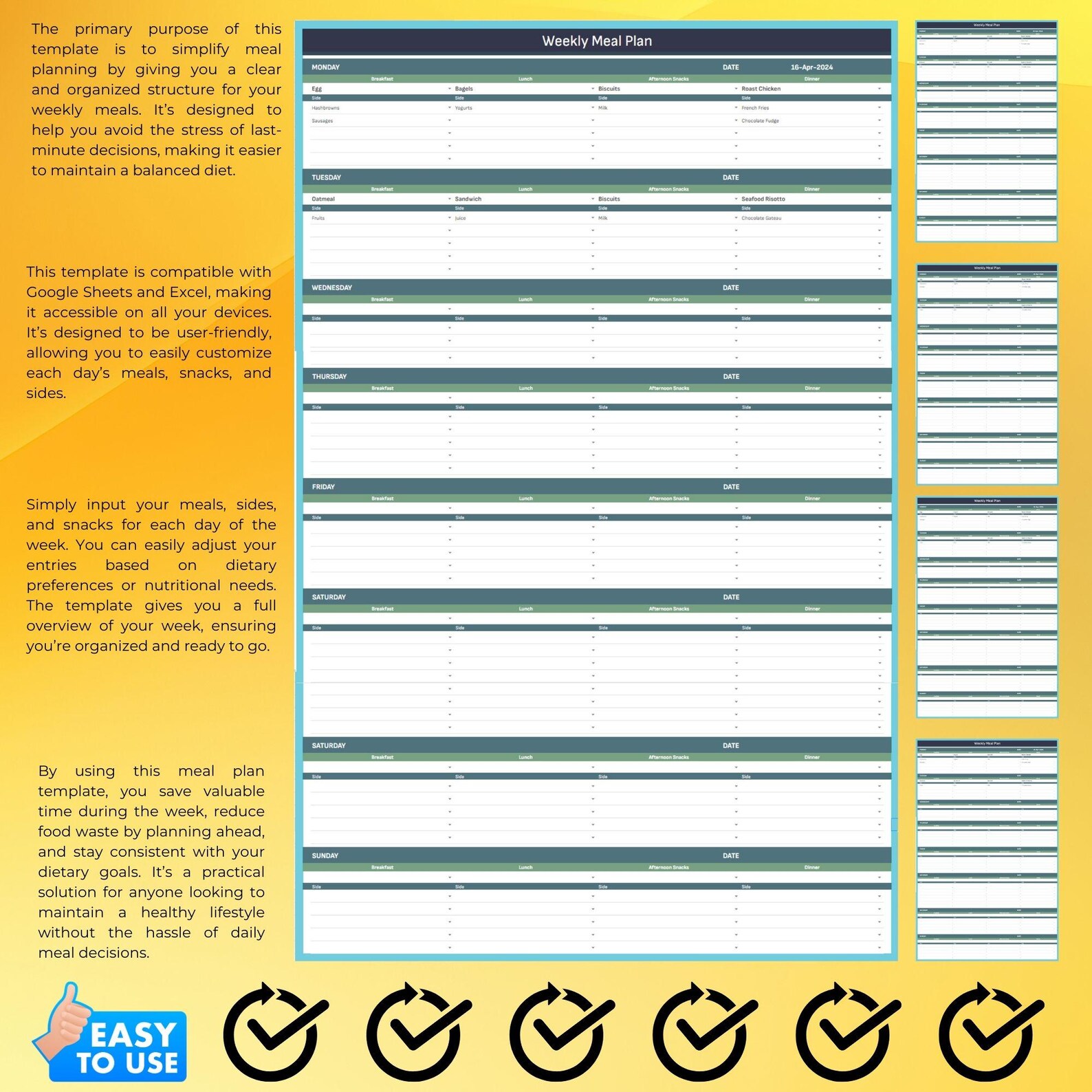 1 Week Meal Plan Template, Google Sheets Weekly Planner, Editable Food ...