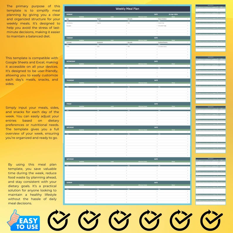 1 Week Meal Plan Template, Google Sheets Weekly Planner, Editable Food ...