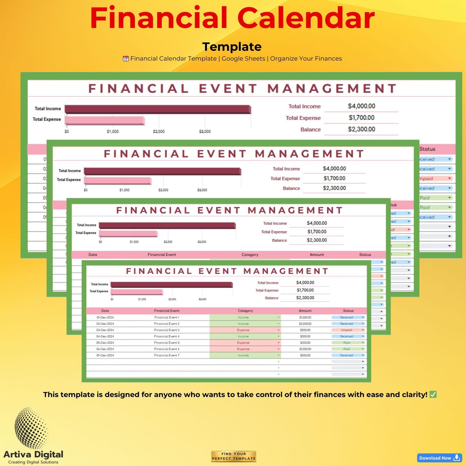 Financial Calendar Template, Google Sheets, Customizable, Financial ...