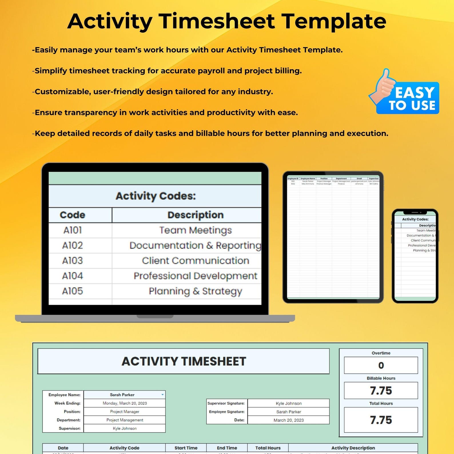 Activity Timesheet Template, Google Sheets, Track Work Hours, Employee ...