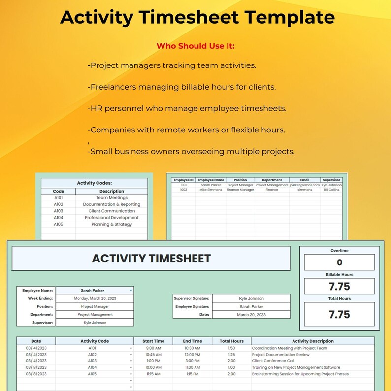 Activity Timesheet Template, Google Sheets, Track Work Hours, Employee ...