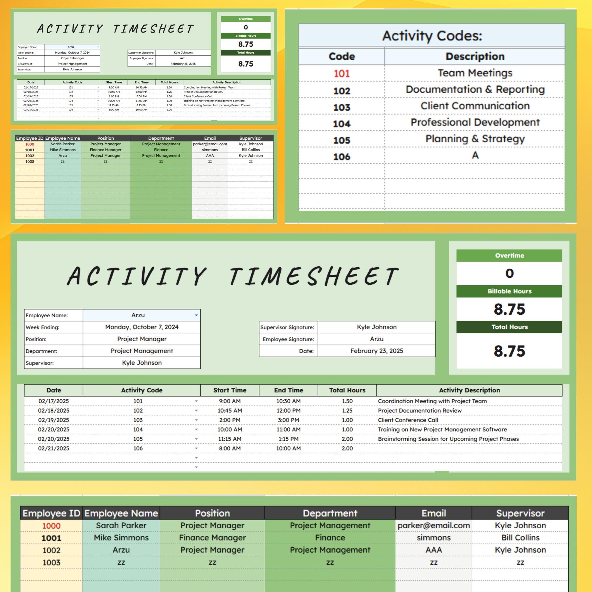Activity Timesheet Template, Google Sheets, Track Work Hours, Employee ...