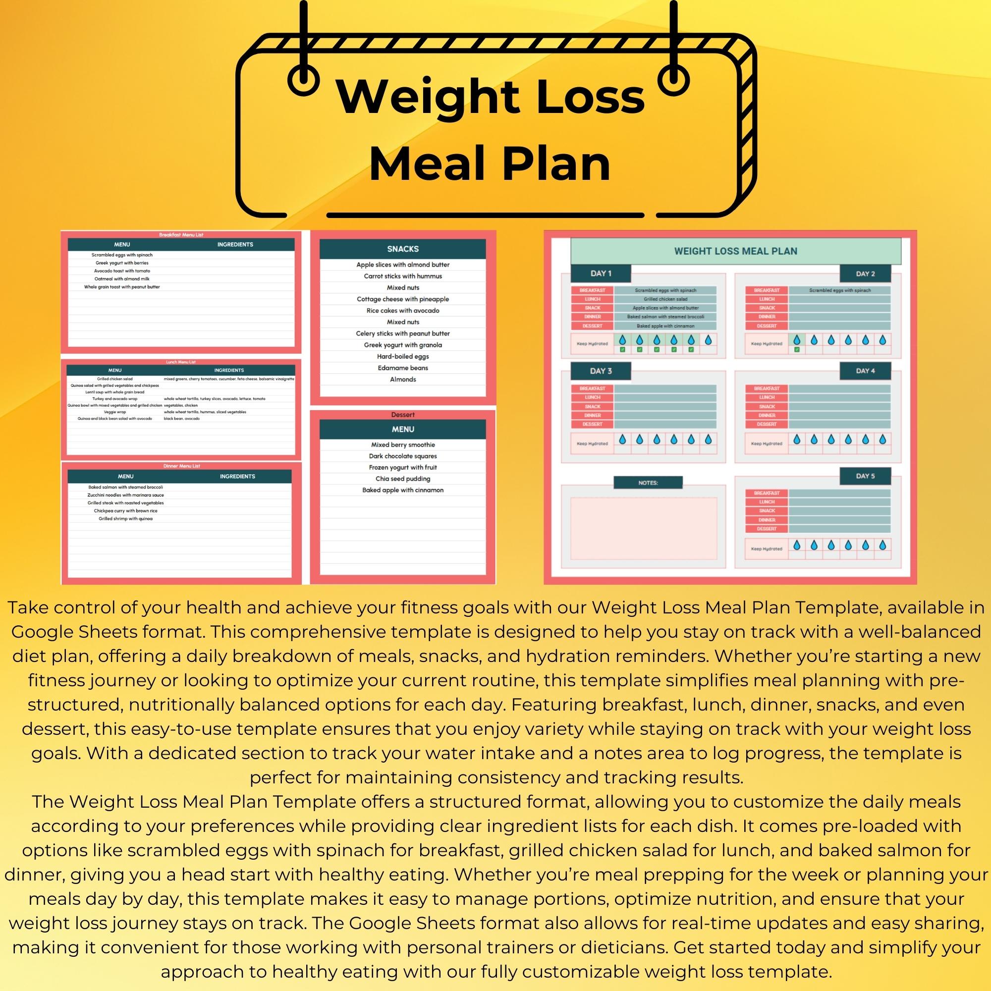 Weight Loss Meal Plan Template, Healthy Eating, Weekly Diet Planner ...