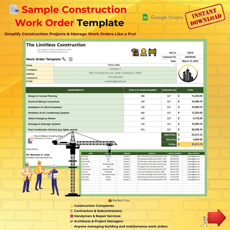 Sample Construction Work Order Template, Google Sheets Work Order, Contractor Estimate, Editable ...