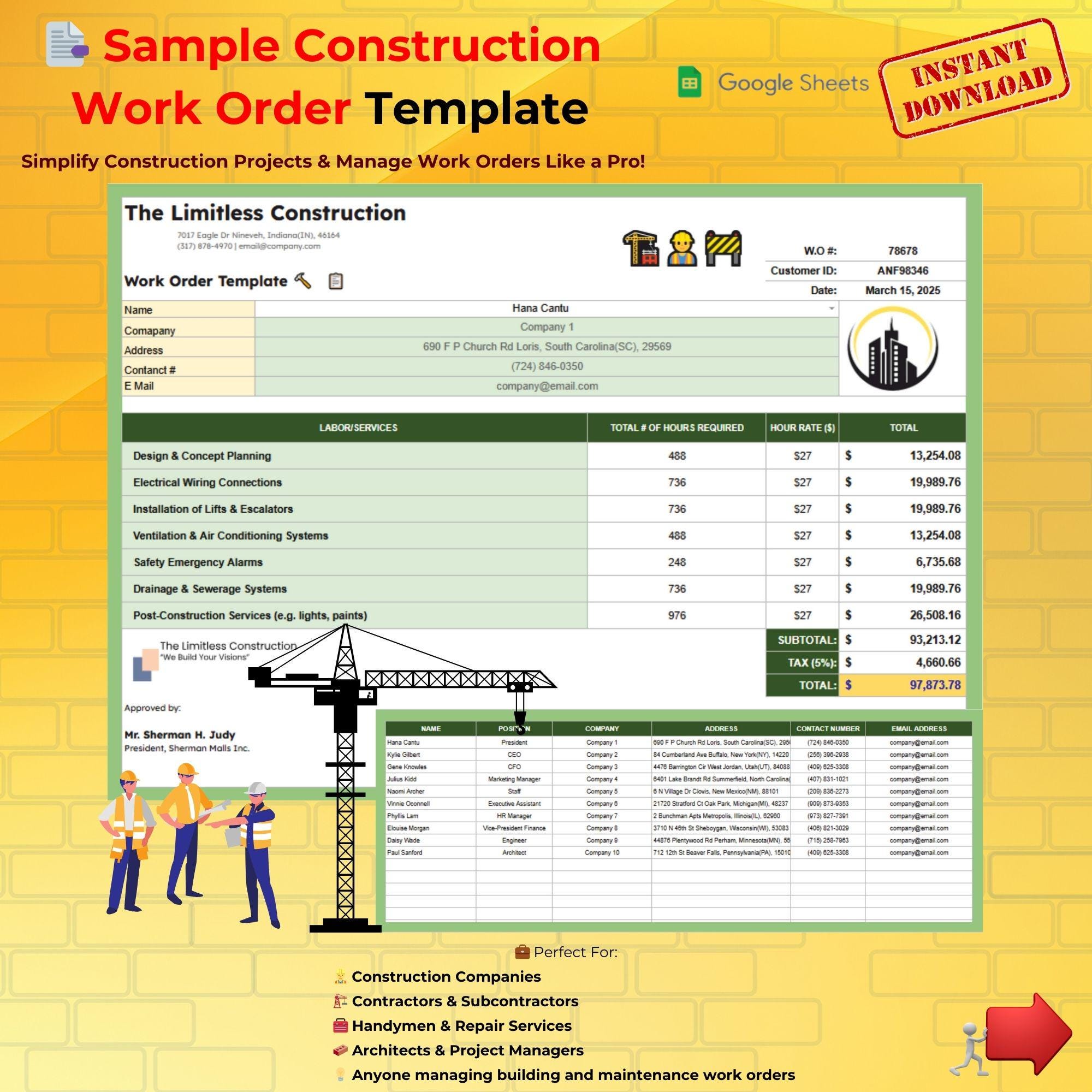 Sample Construction Work Order Template, Google Sheets Work Order ...
