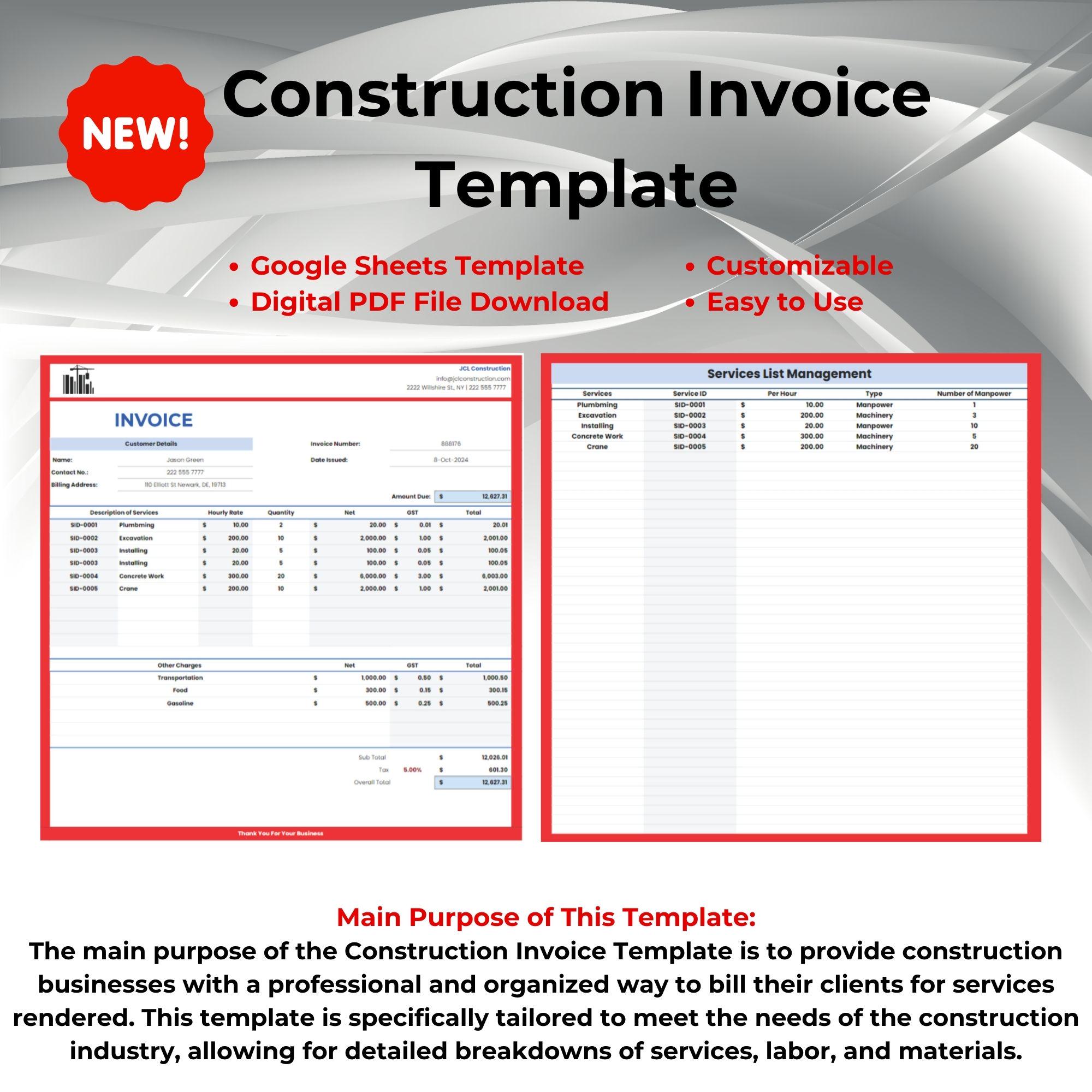 Construction Invoice Template, Service Billing, Project Cost Tracking ...