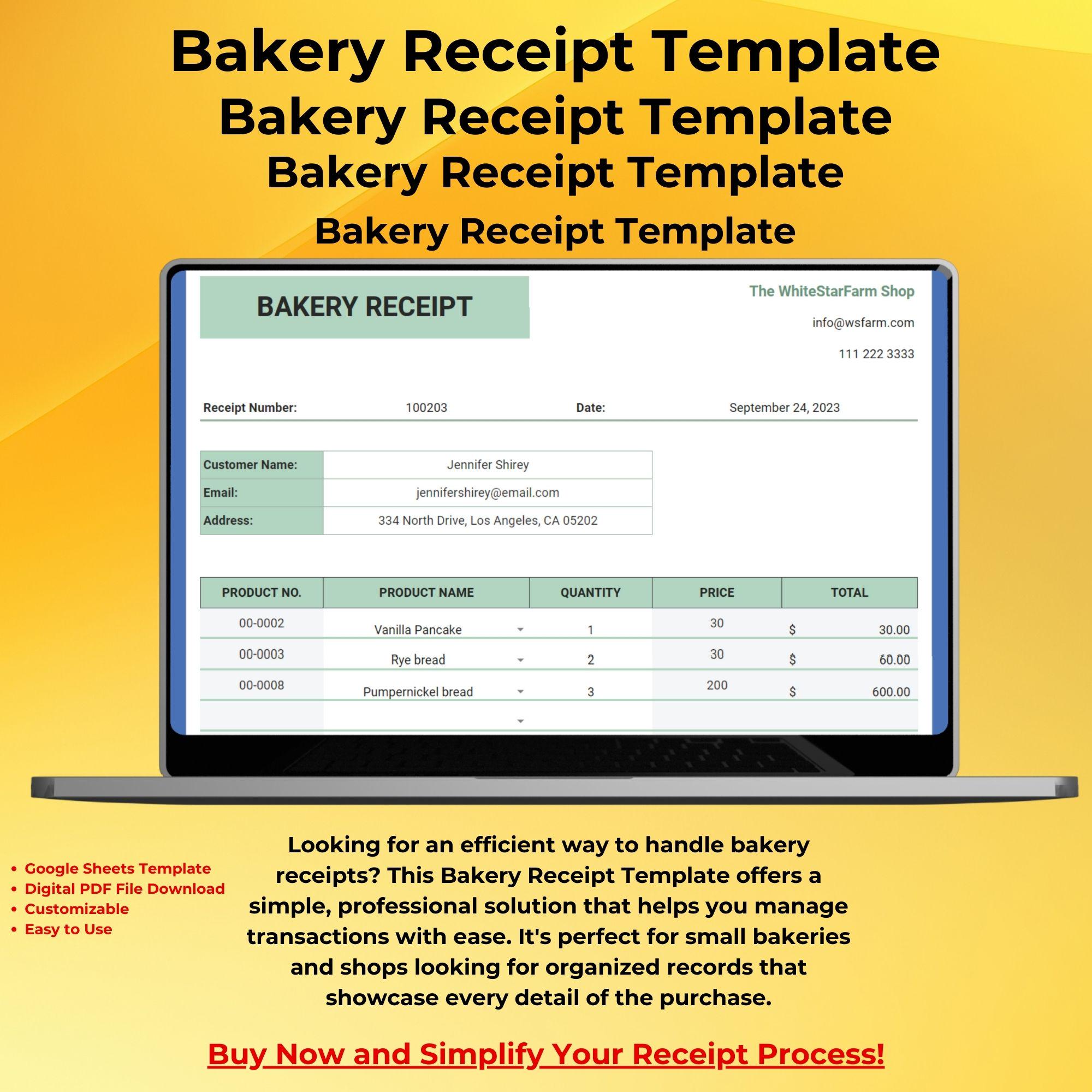Bakery Receipt Template, Google Sheets, Editable Bakery Sales Receipt, Printable Invoice, Bakery ...