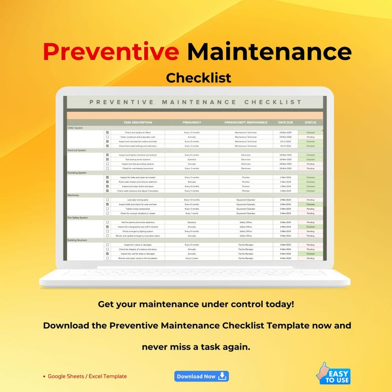 Preventive Maintenance Checklist Template, Google Sheets Tool, Editable ...