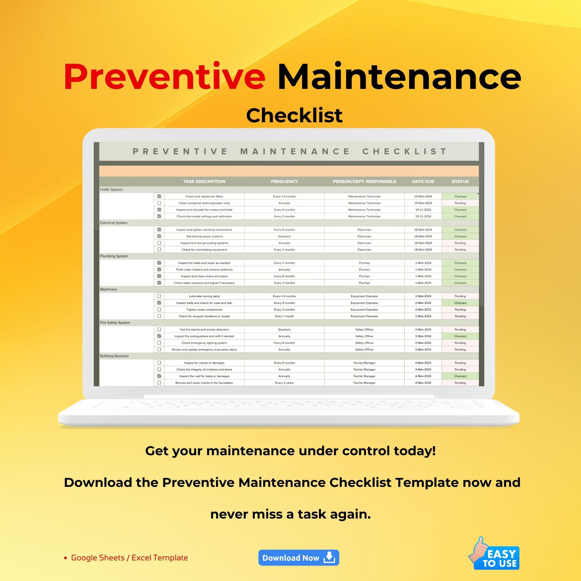 Preventive Maintenance Checklist Template, Google Sheets Tool, Editable ...
