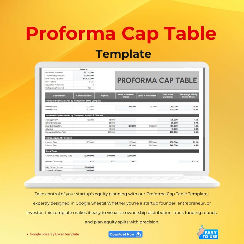 Proforma Cap Table Template, Google Sheets Editable Tool, Startup ...