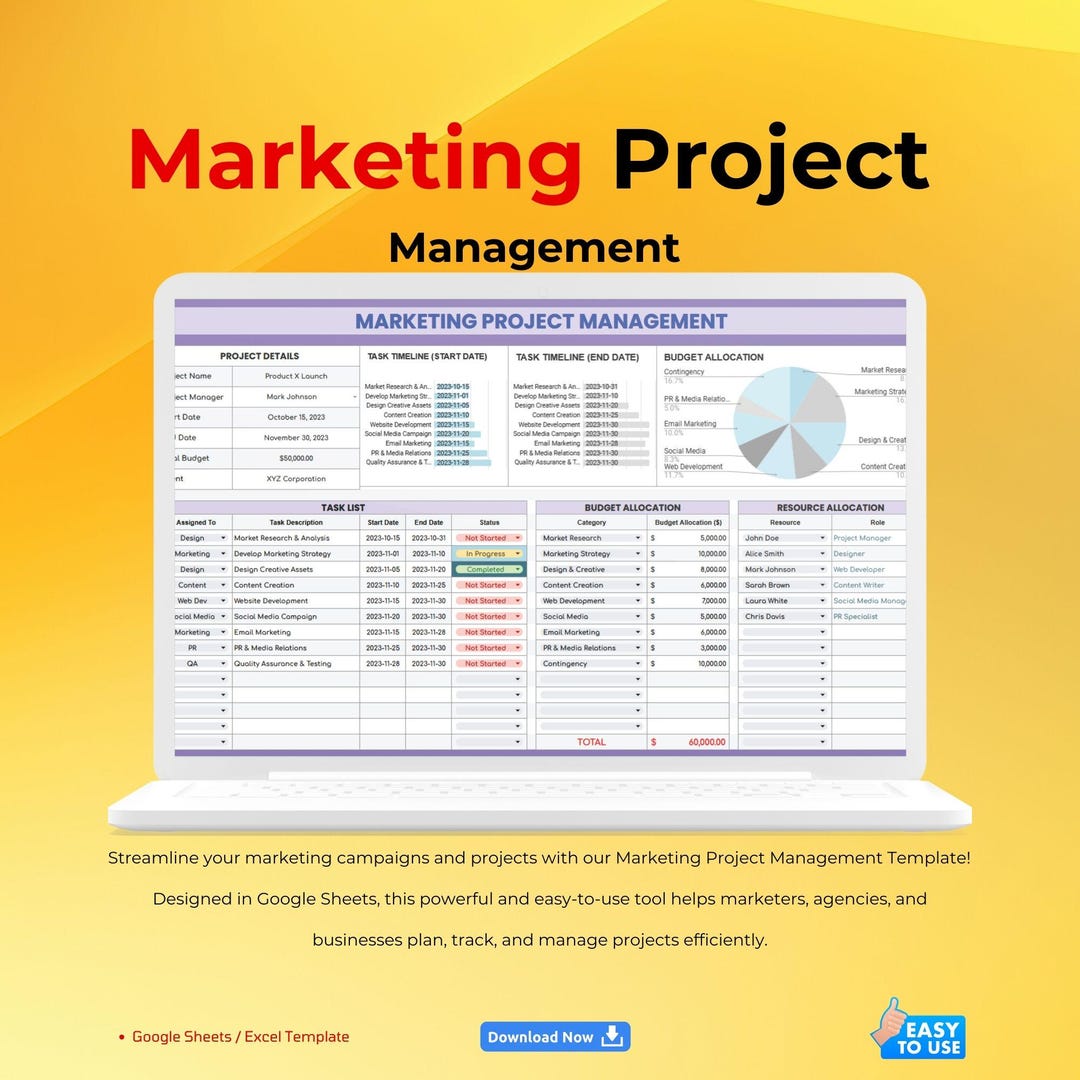 Marketing Project Planner Template, Google Sheets Editable Tool ...