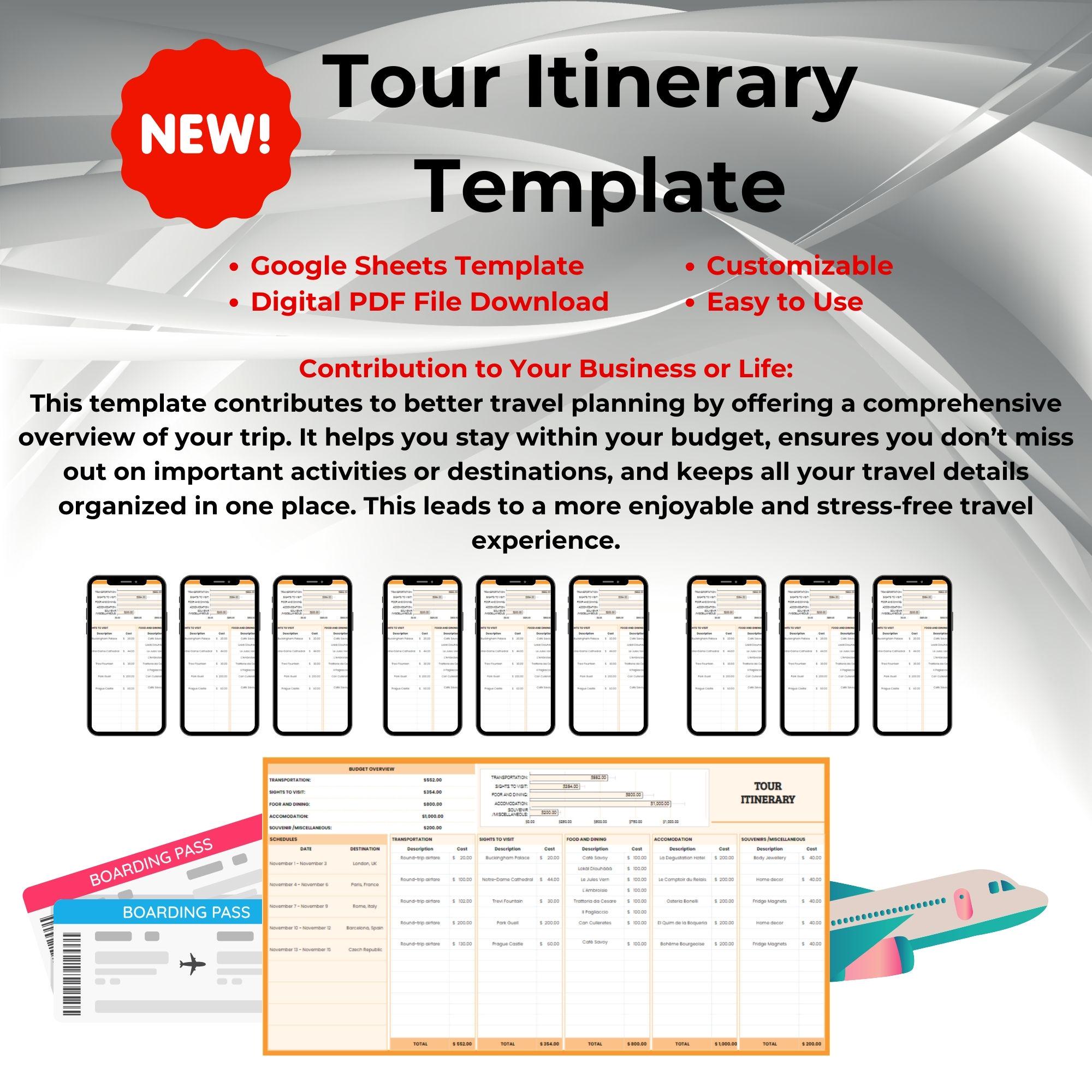 Tour Itinerary Template, Organize Your Travel Plans, Plan Your Vacation ...
