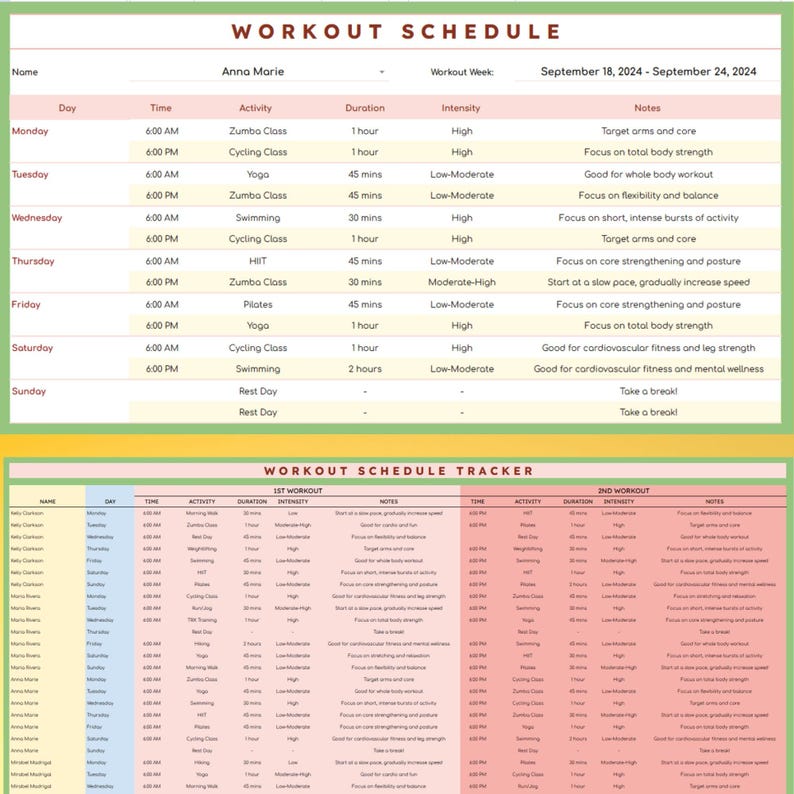 Workout Schedule Template, Google Sheets Fitness Planner, Weekly ...