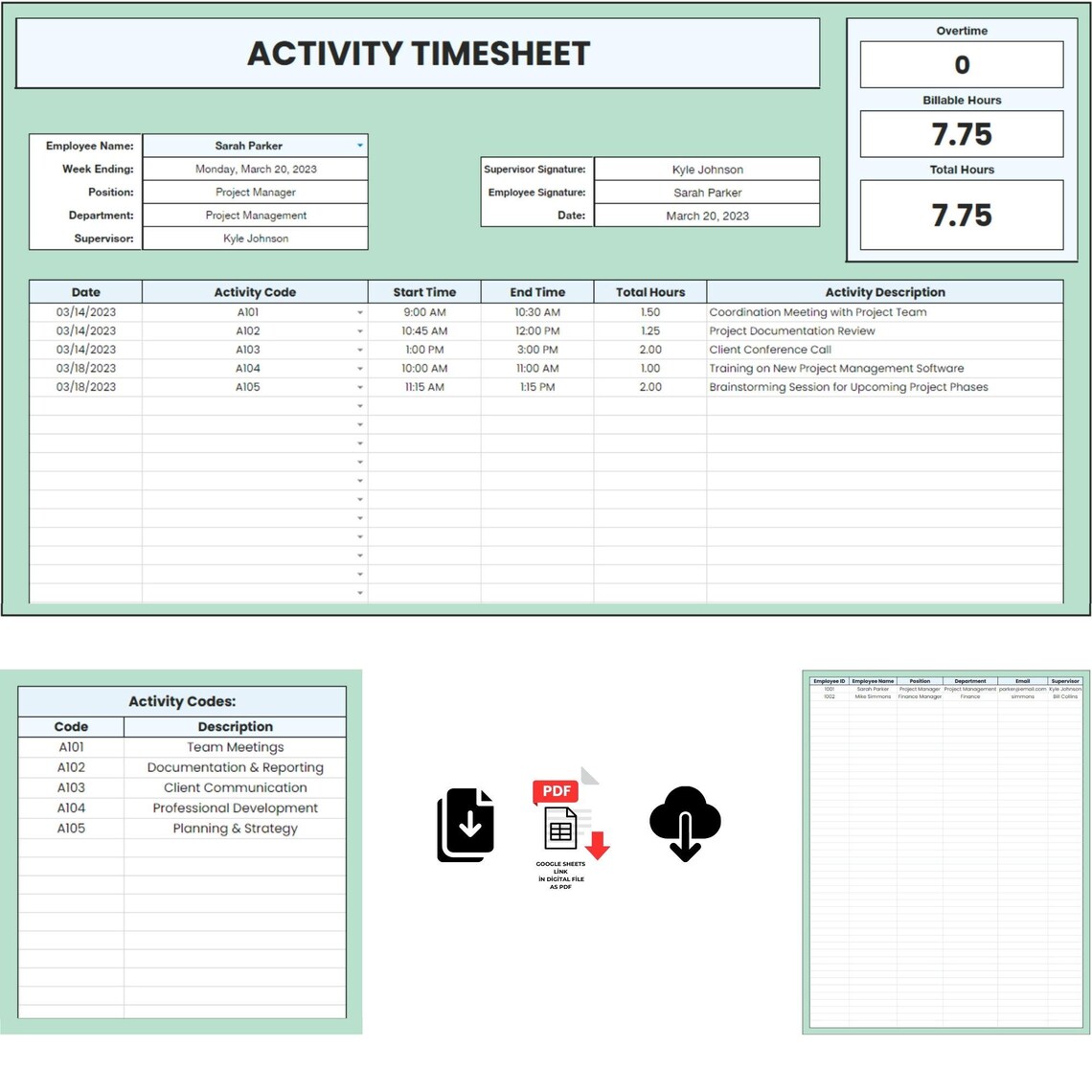 Activity Timesheet Template, Google Sheets, Track Work Hours, Employee ...