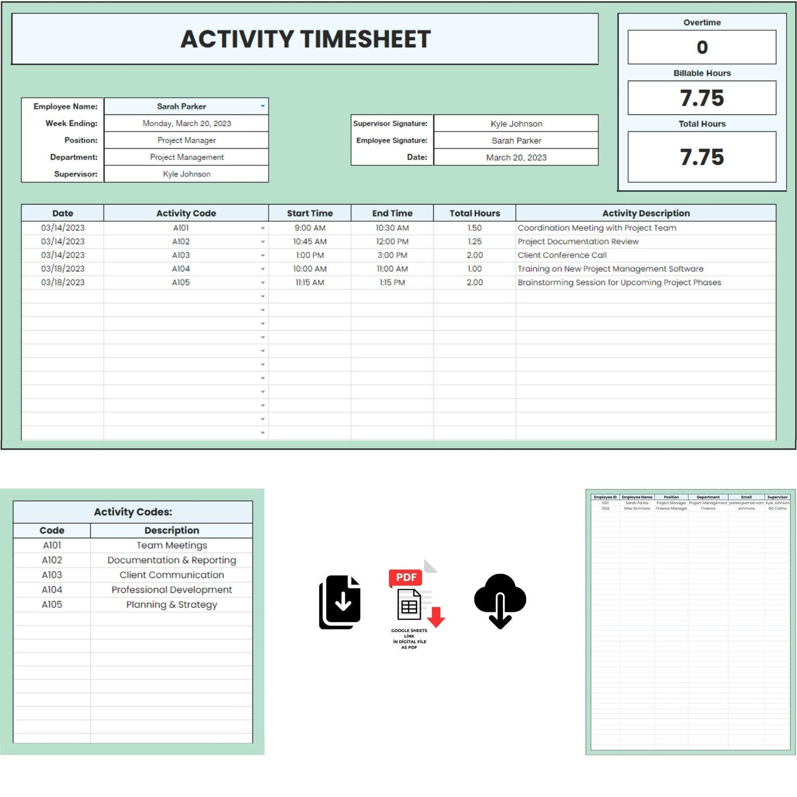Activity Timesheet Template, Google Sheets, Track Work Hours, Employee ...