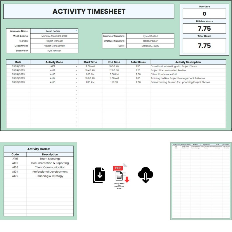 Activity Timesheet Template, Google Sheets, Track Work Hours, Employee ...