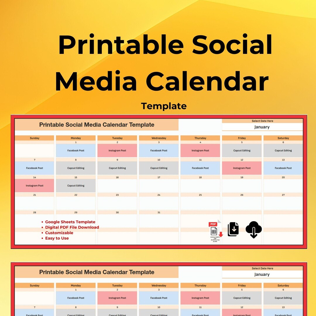 Printable Social Media Calendar Template, Google Sheet, Social Media ...