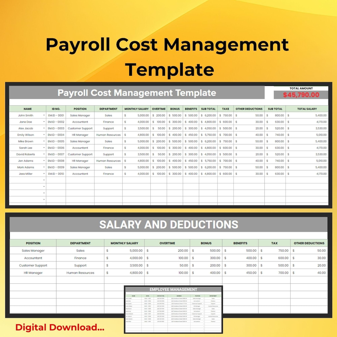 Payroll Cost Management Template,employee Salary Tracker, Editable ...