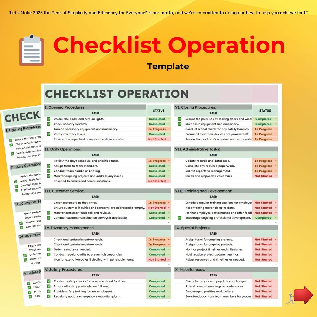 Checklist Operation Template, Task Tracker, Business Checklist, Daily ...