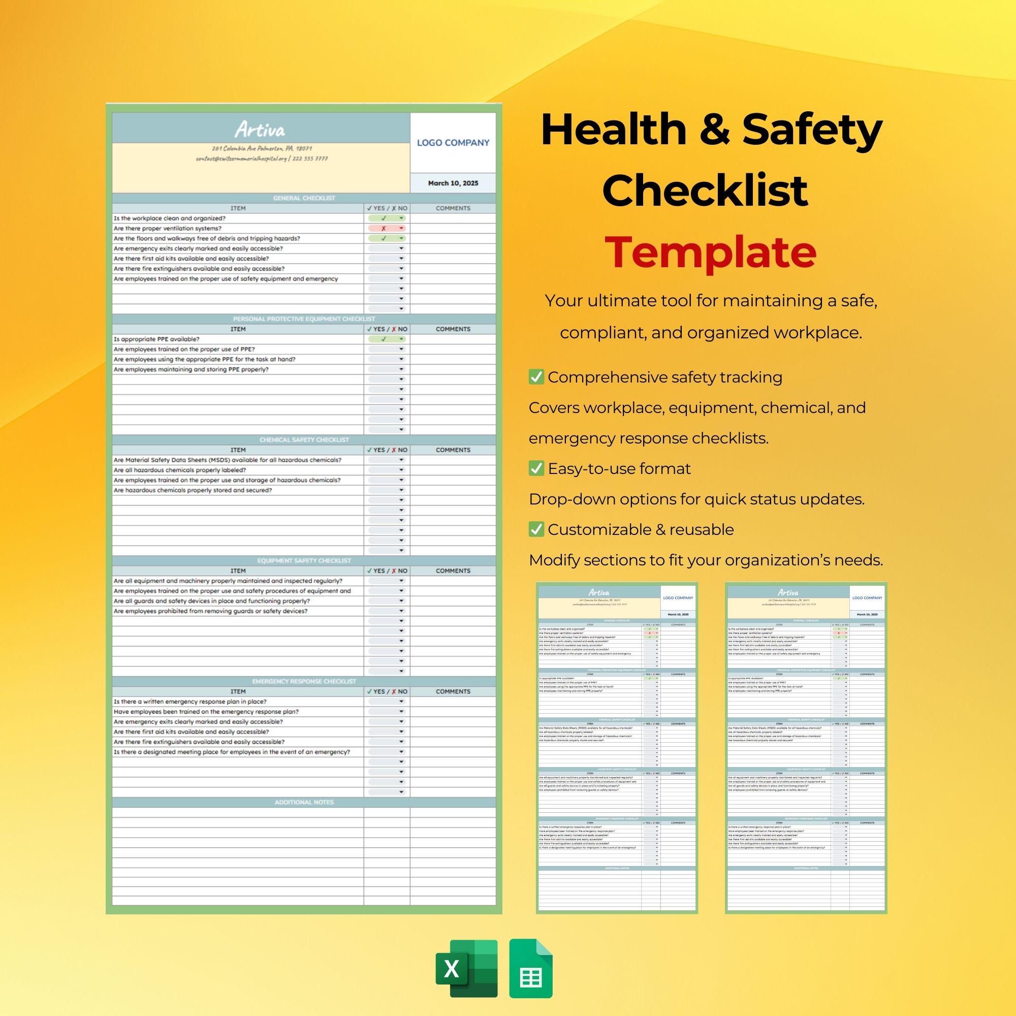Health and Safety Checklist Template, Google Sheets Editable Tool ...