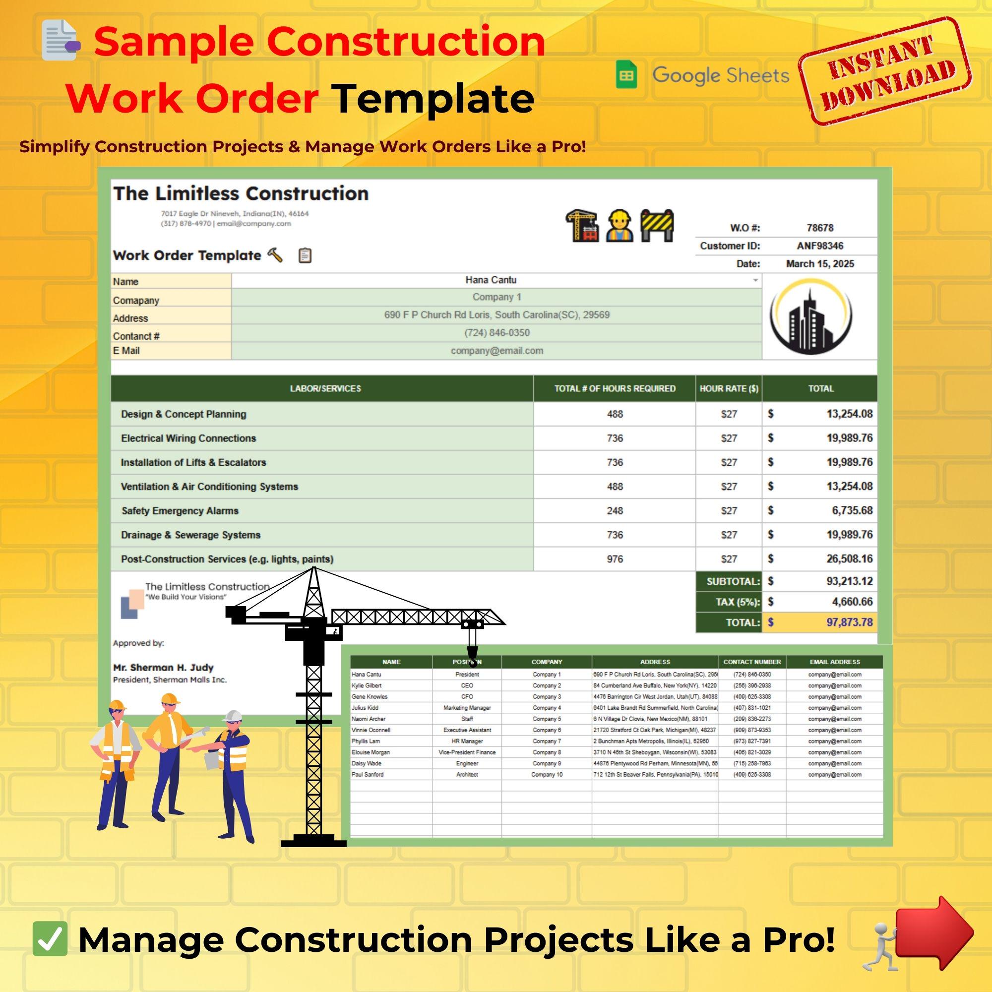 Sample Construction Work Order Template, Google Sheets Work Order ...