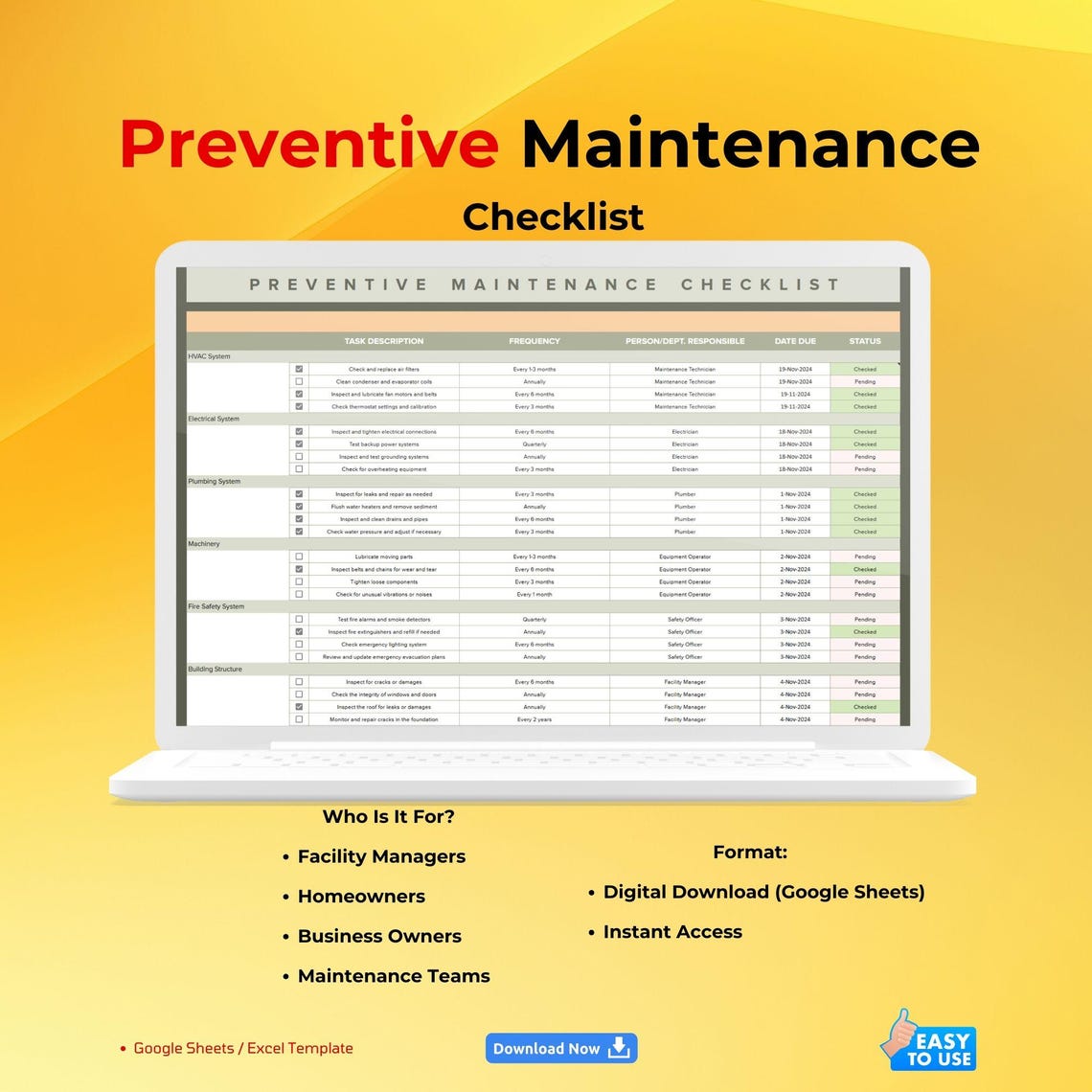 Preventive Maintenance Checklist Template, Google Sheets Tool, Editable ...