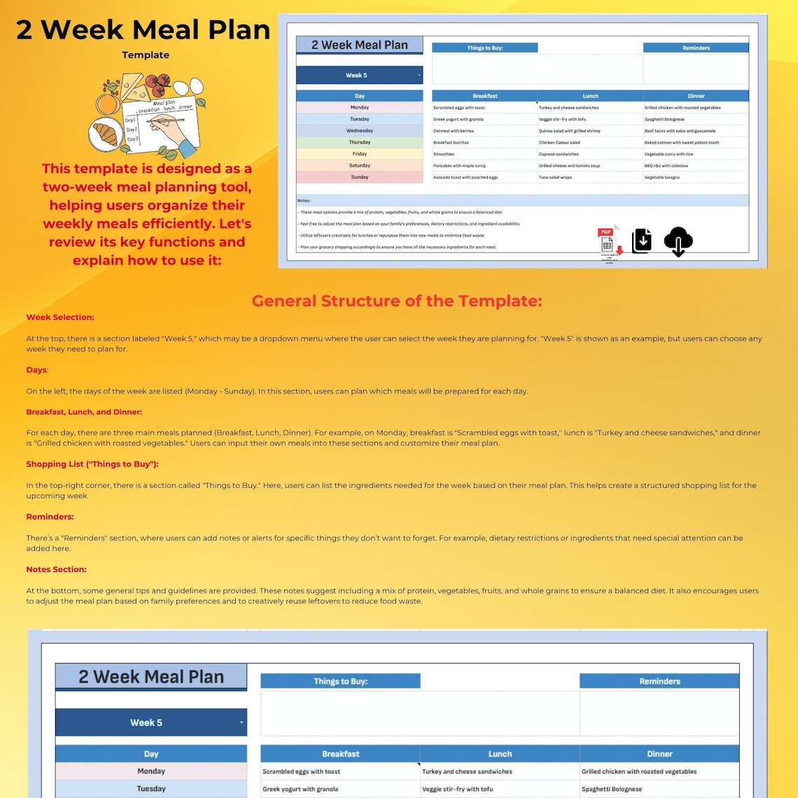 2 Week Meal Plan Template, Editable Google Sheets, Digital Download ...