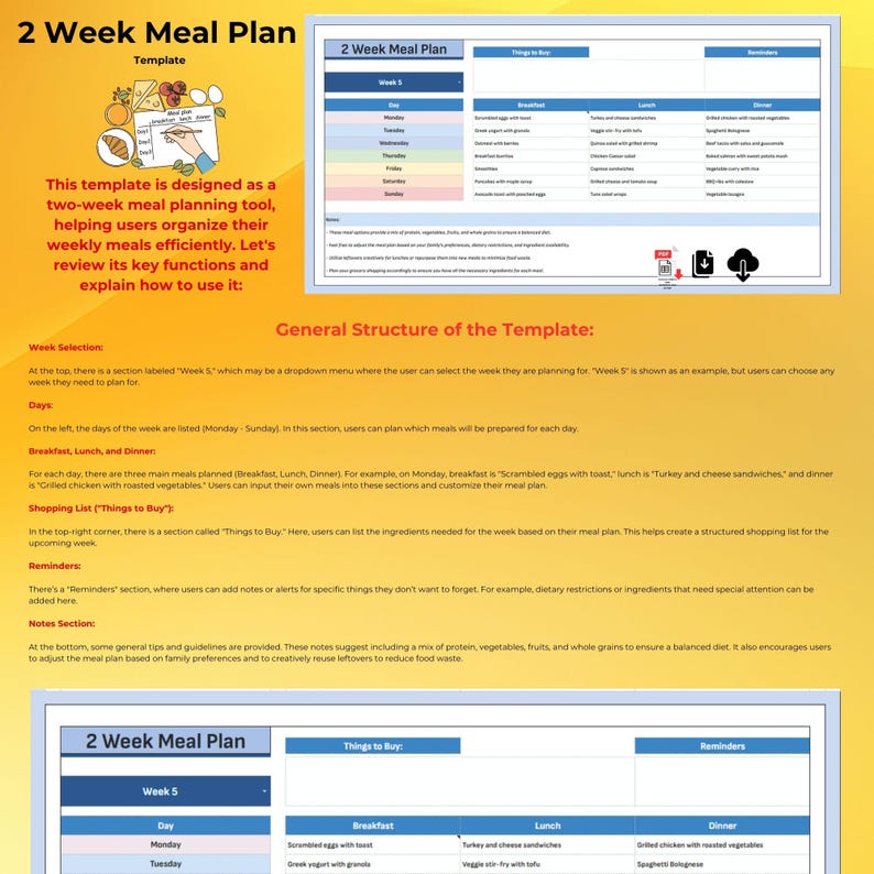 2 Week Meal Plan Template, Editable Google Sheets, Digital Download ...