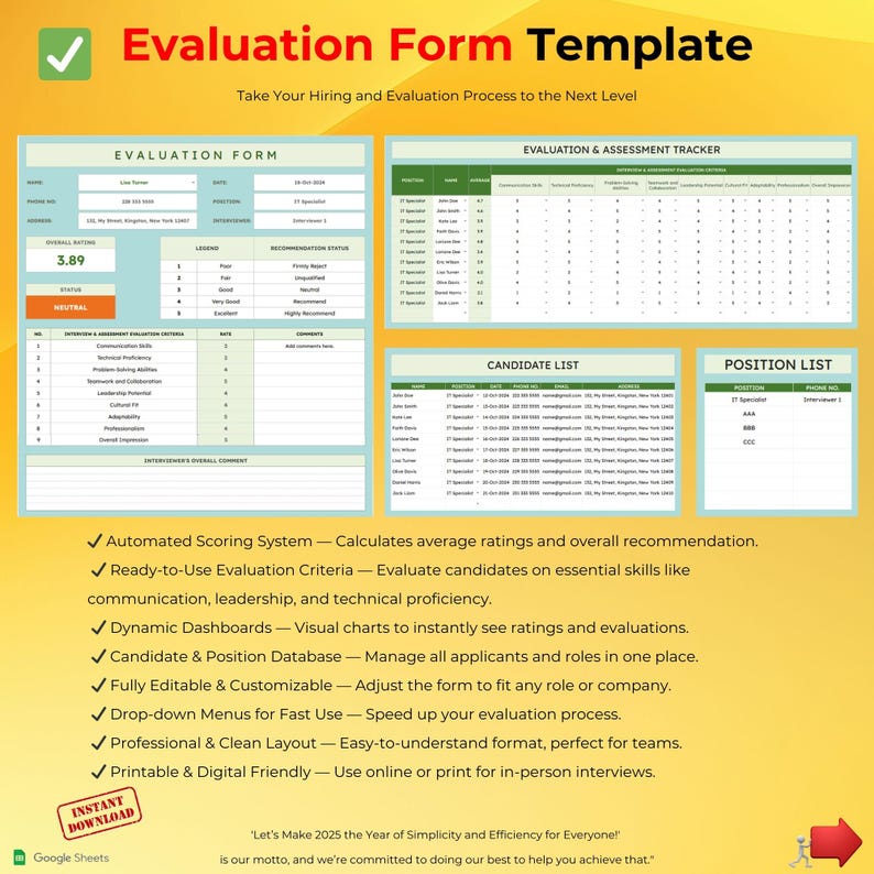 Evaluation Form Template, Google Sheets Interview Form, Editable ...