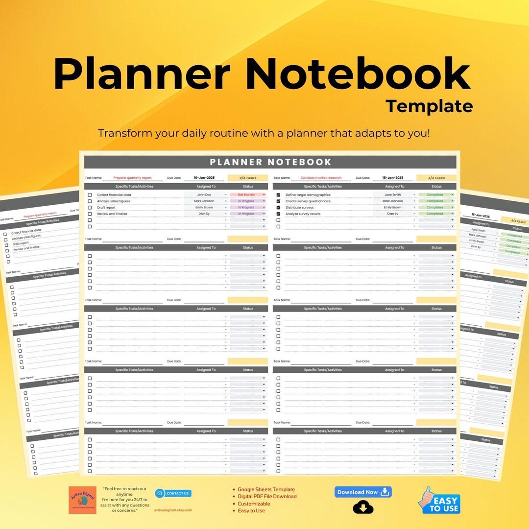 Planner Notebook Template, Daily Planner Spreadsheet, Productivity ...