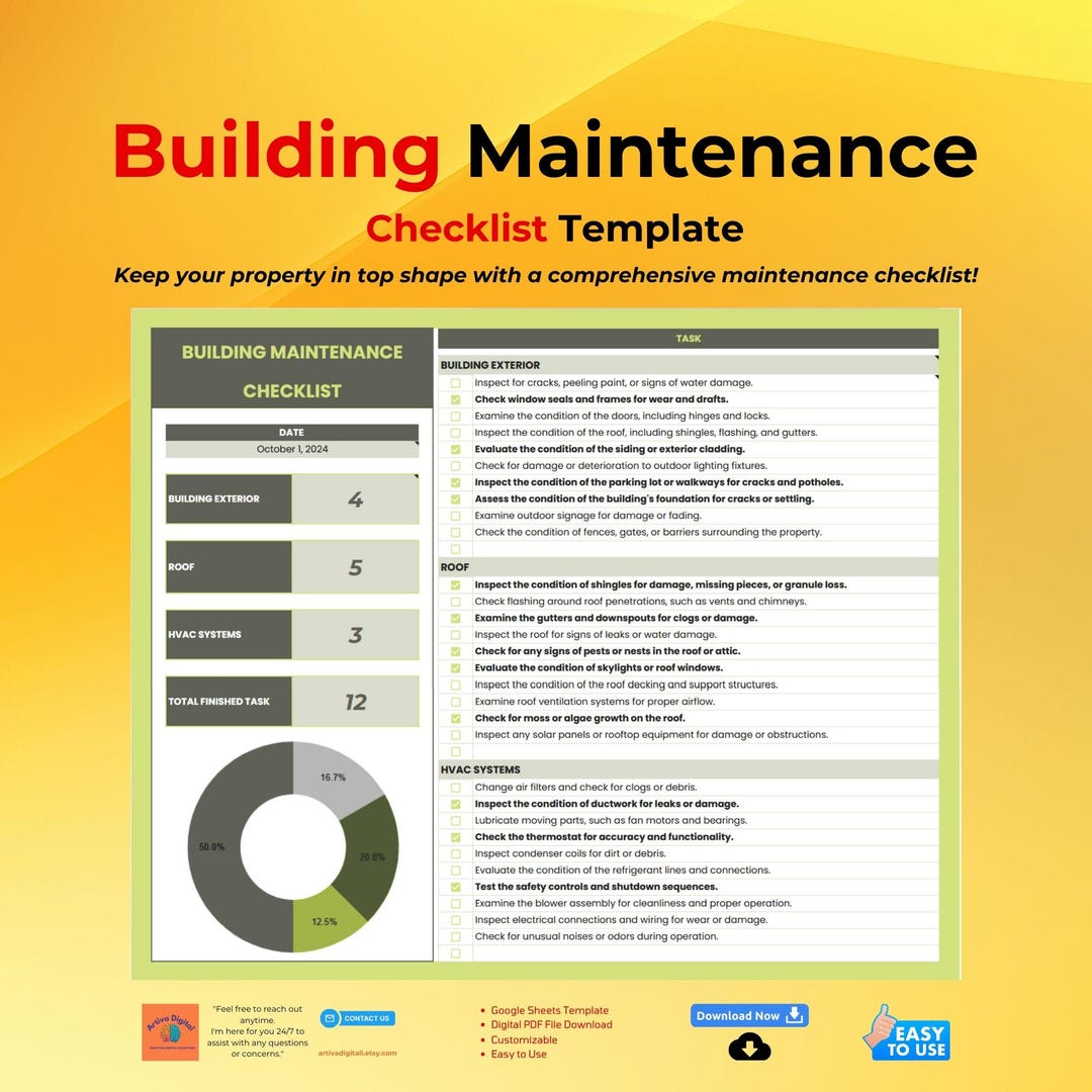 Building Maintenance Checklist Template, Google Sheets Editable Tracker ...