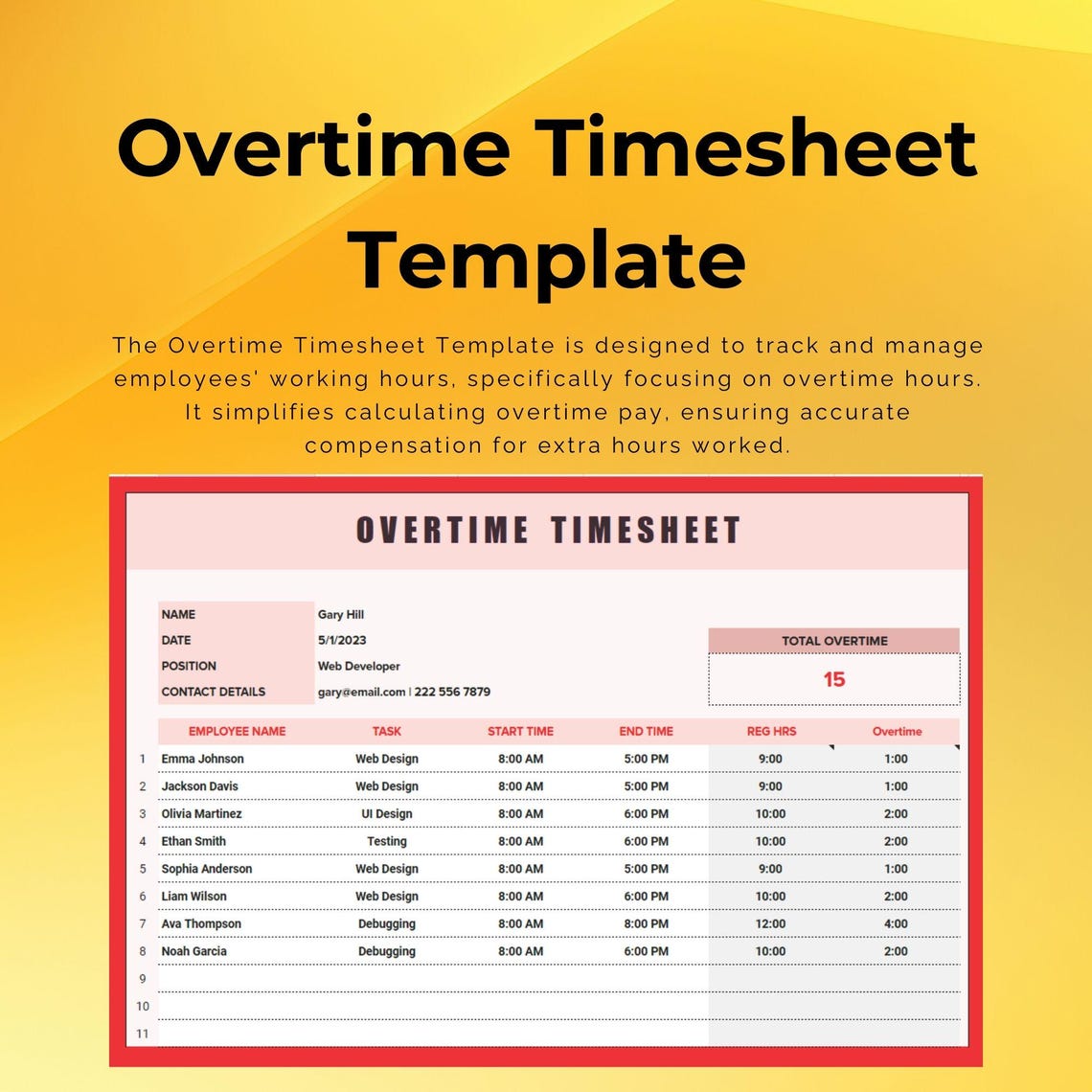 Overtime Timesheet Template, Google Sheets Editable Tracker, Employee ...