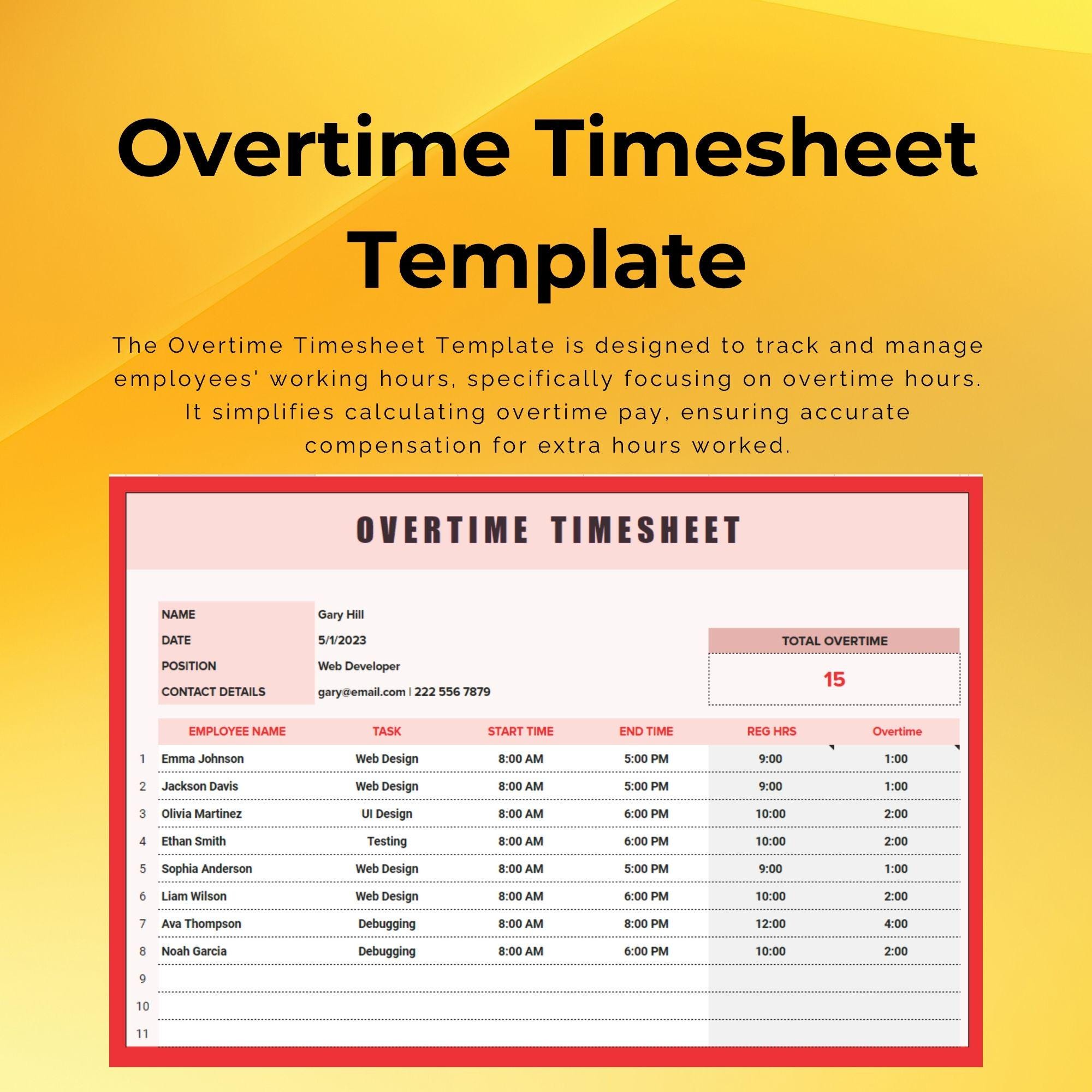 Overtime Timesheet Template, Google Sheets Editable Tracker, Employee ...