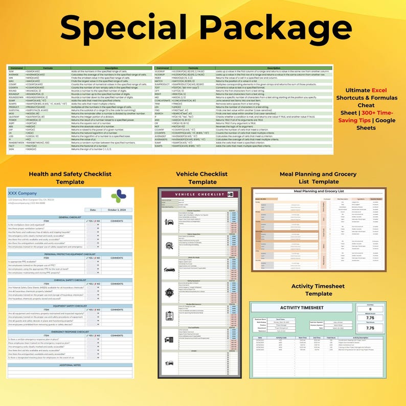 Special Package, Excel Shortcuts Cheat Sheet, Health & Safety Checklist ...