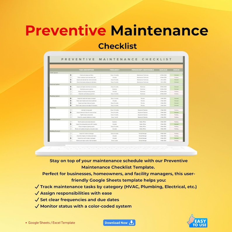 Preventive Maintenance Checklist Template, Google Sheets Tool, Editable ...