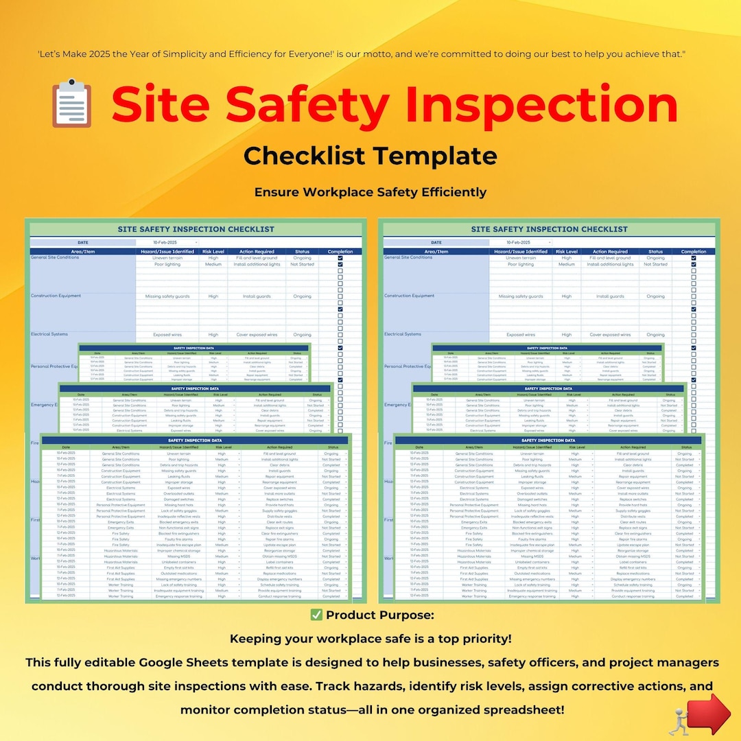 Site Safety Inspection Checklist Template, Workplace Safety Audit, OSHA Compliance, Construction ...