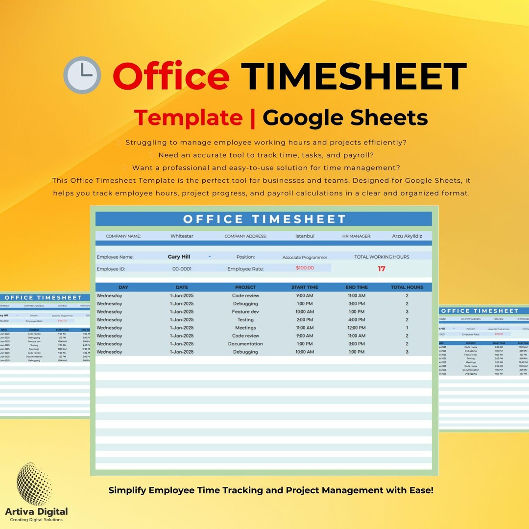 Office Timesheet Template, Google Sheets Editable Spreadsheet, Employee ...