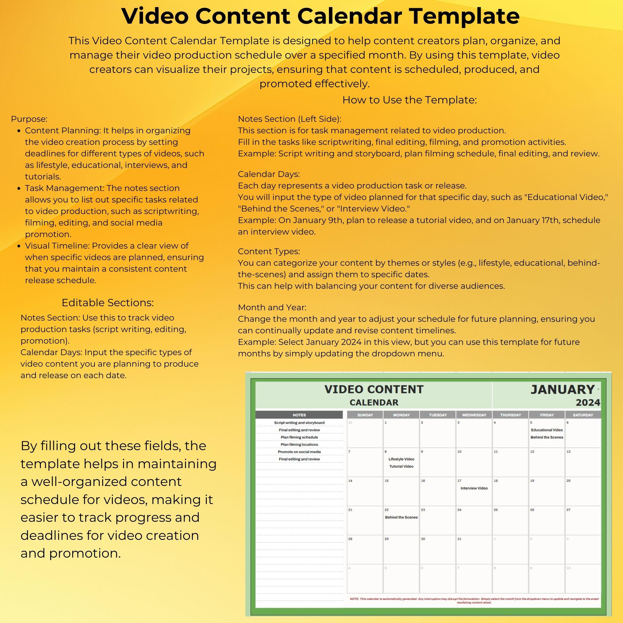 Video Content Calendar Template, Google Sheets Editable Planner ...