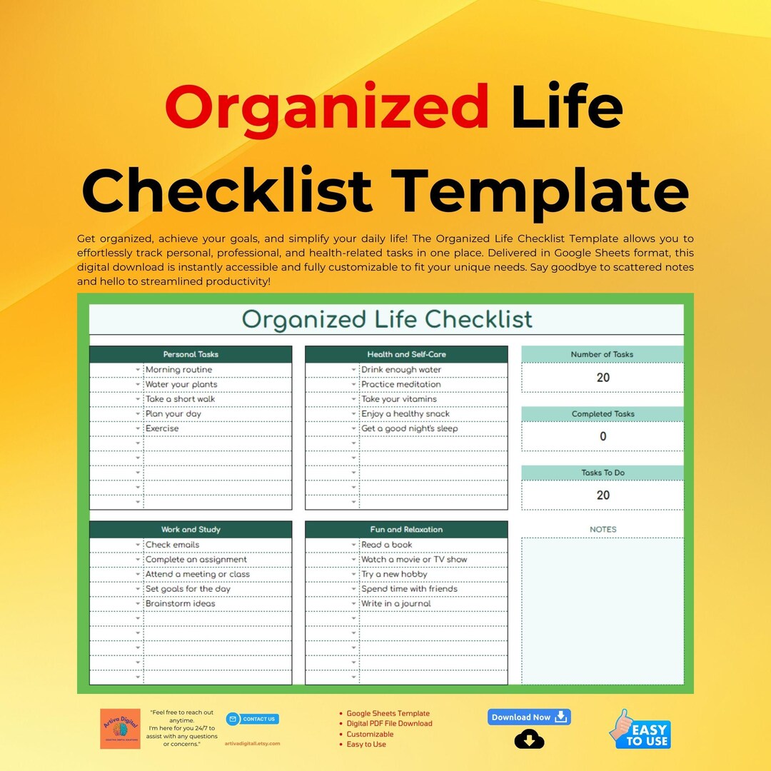 Organized Life Checklist Template, Daily Task Planner, Productivity Tracker, Personal & Work ...