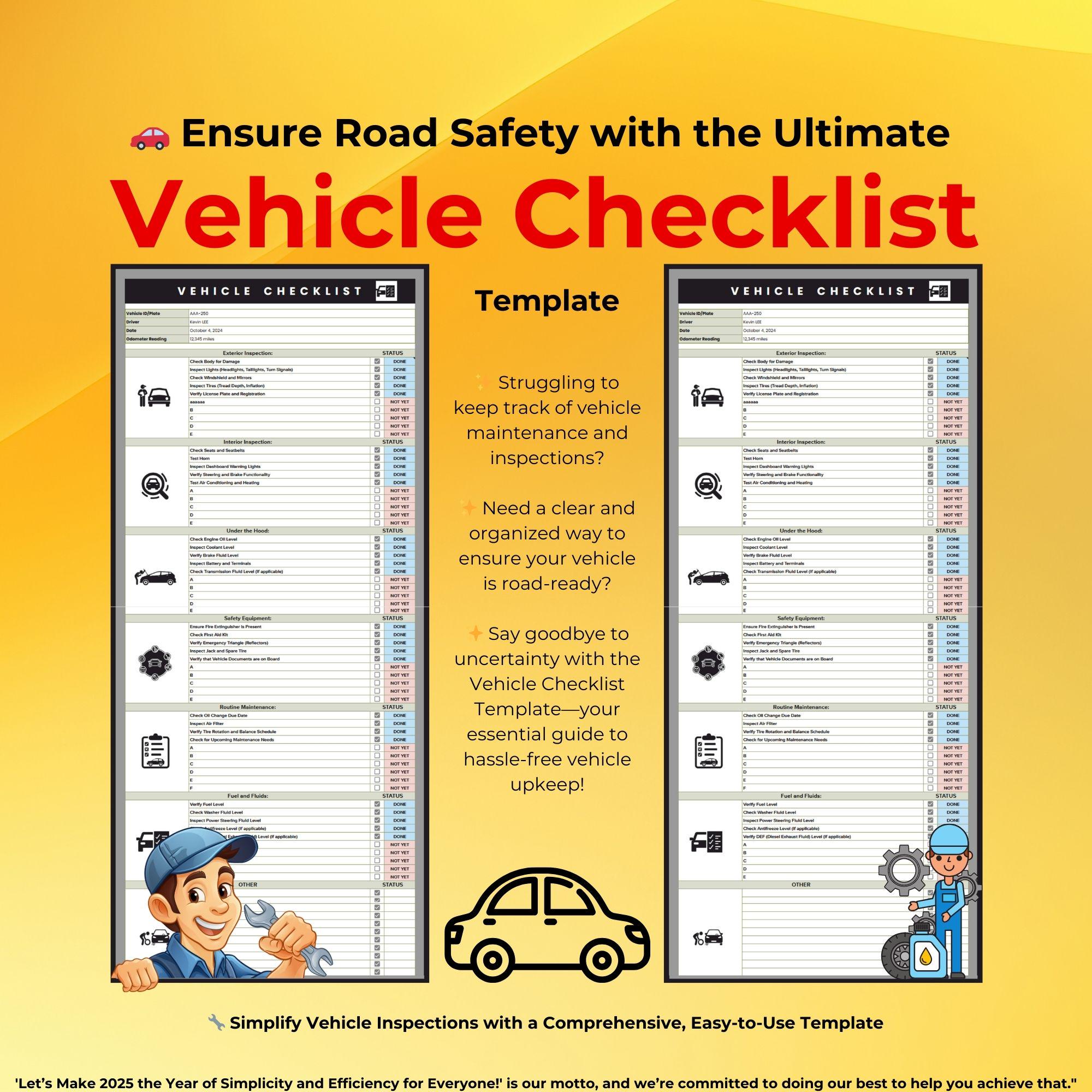Vehicle Checklist Template, Google Sheets Editable Tool, Car ...