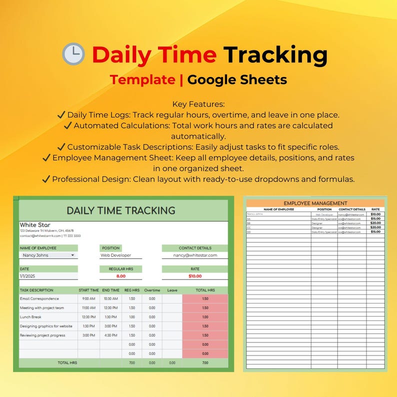 Daily Time Tracking Template, Google Sheets Editable Template, Employee ...
