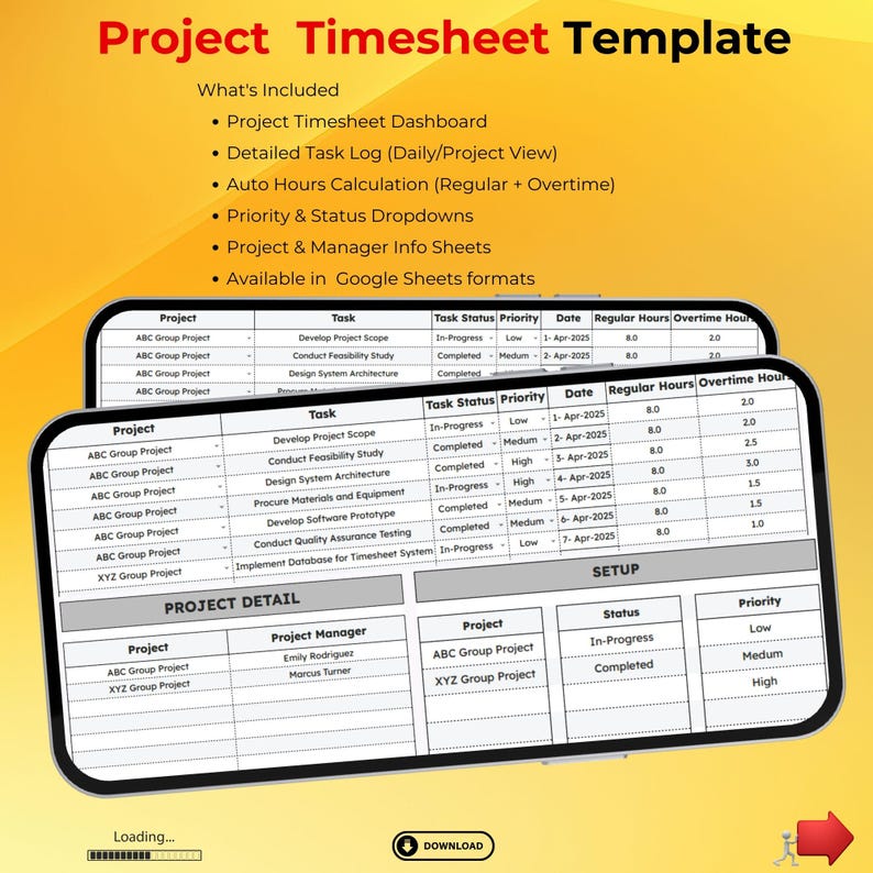 Project Timesheet Template, Google Sheets Time Tracker, Editable Work ...