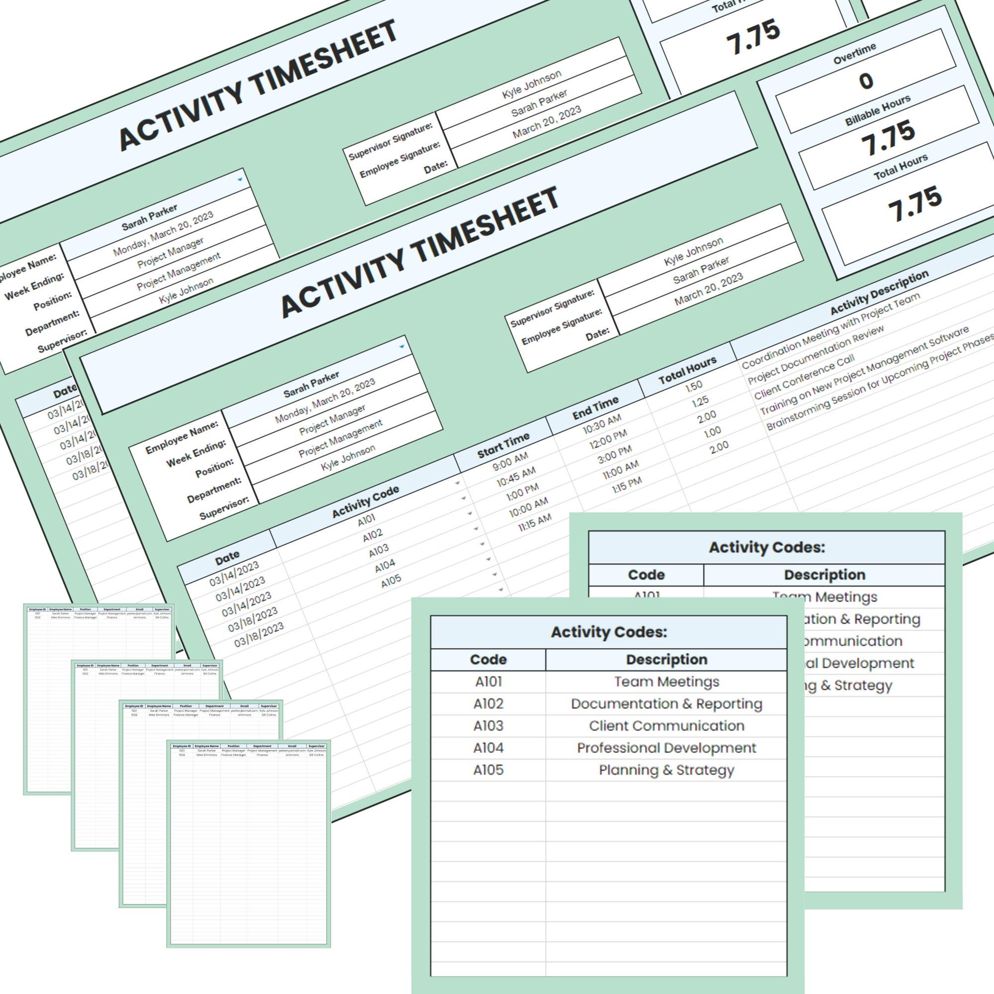 Activity Timesheet Template, Google Sheets, Track Work Hours, Employee ...