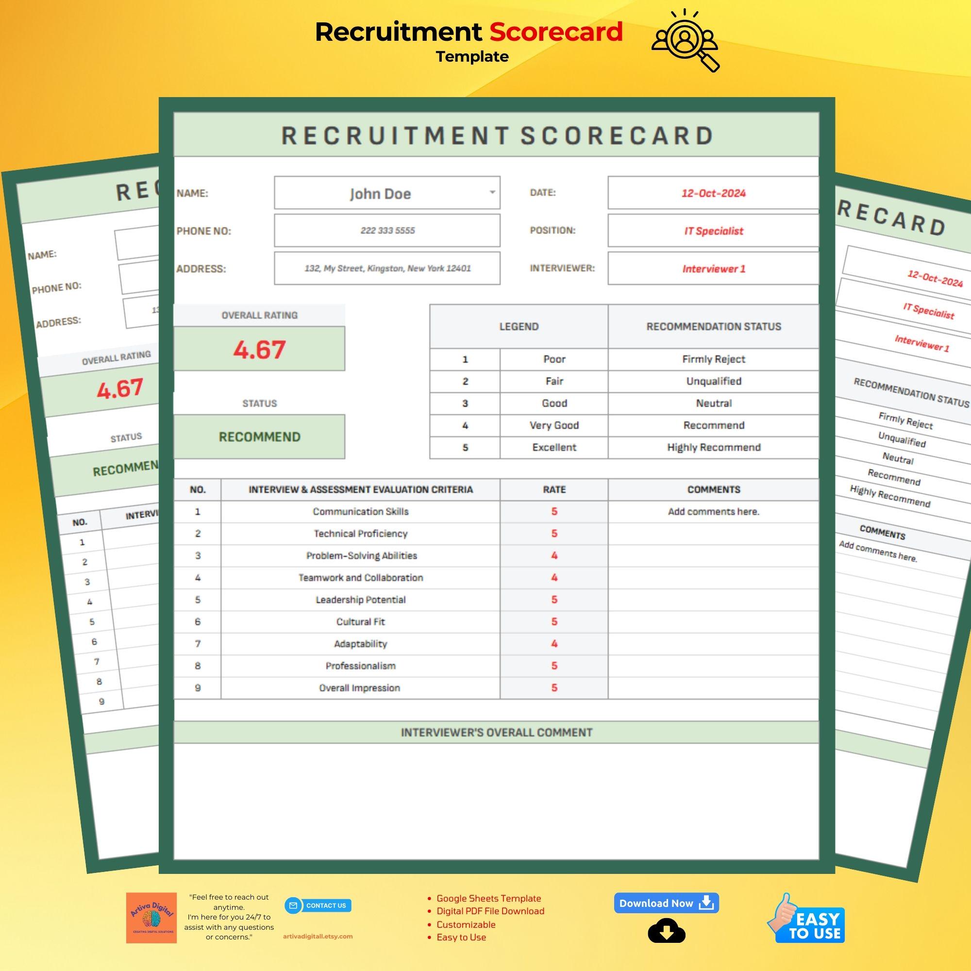 Recruitment Scorecard Template, Google Sheets Editable Tool, Candidate ...