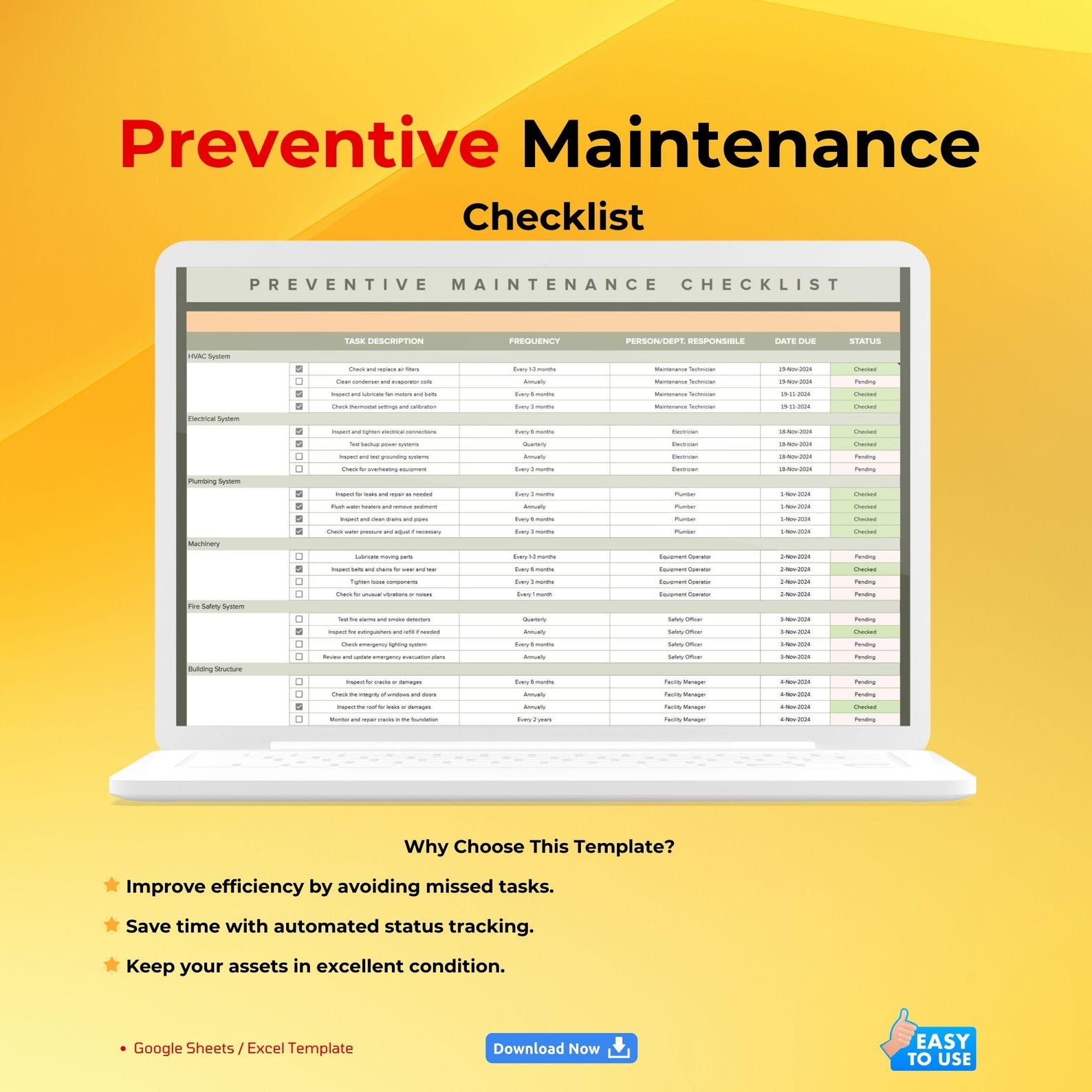 Preventive Maintenance Checklist Template, Google Sheets Tool, Editable ...